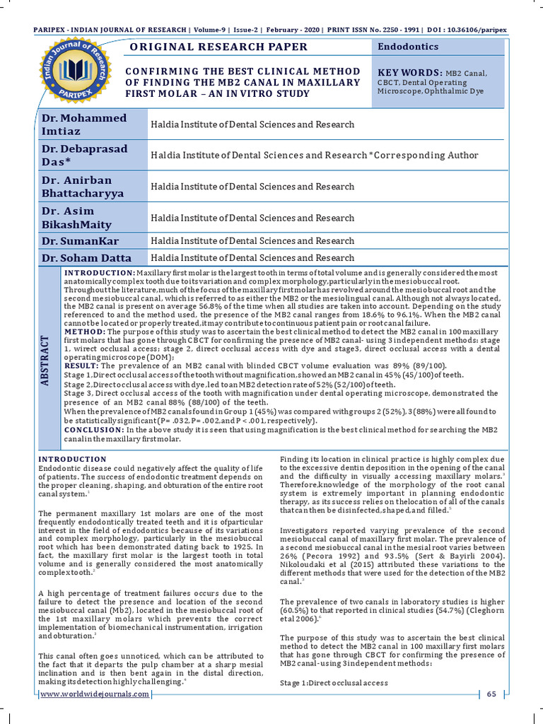 Endodontic MB2 Canal Detection Study | PDF | Tooth | Medical Specialties