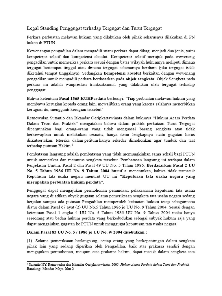 Legal Standing Penggugat Terhadap Tergugat Dan Turut Tergugat | PDF
