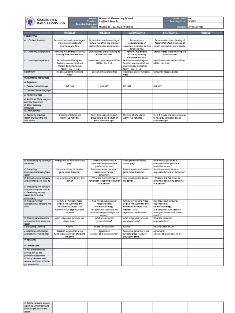 DLL_MAPEH 3_Q3_W8 | PDF | Learning | Teachers