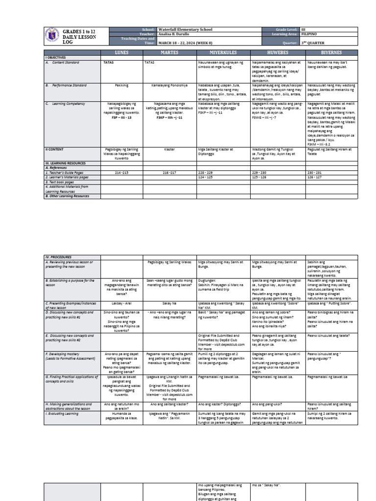 DLL - Filipino 3 - Q3 - W8 | PDF