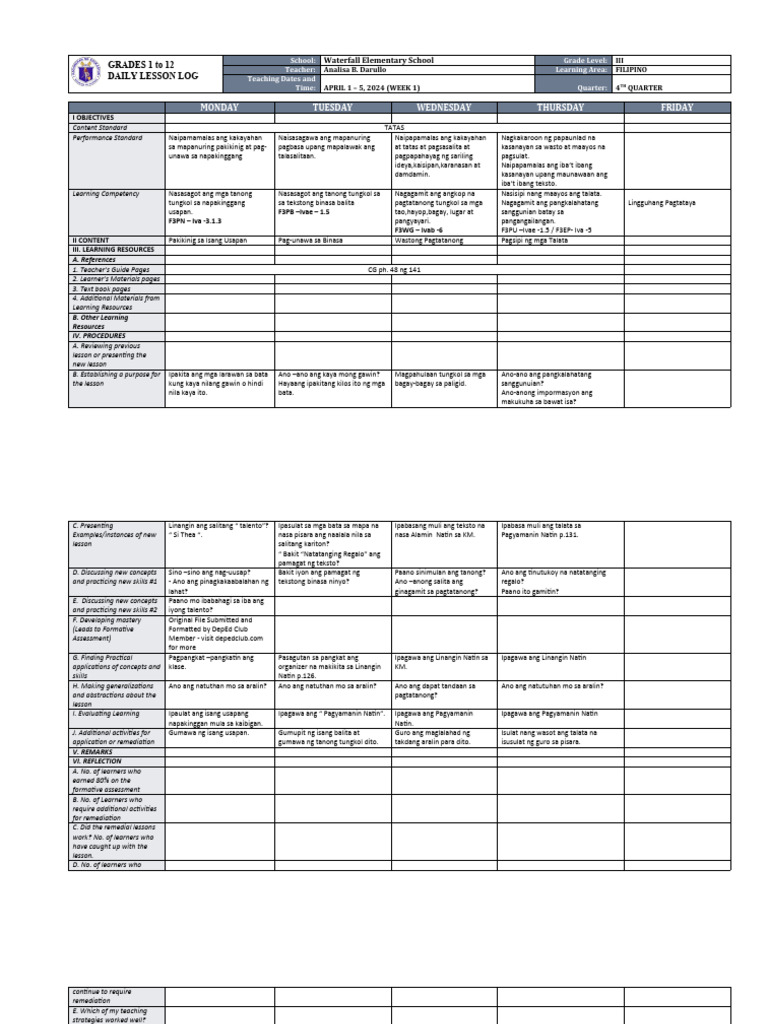 DLL - Filipino 3 - Q4 - W1 | PDF