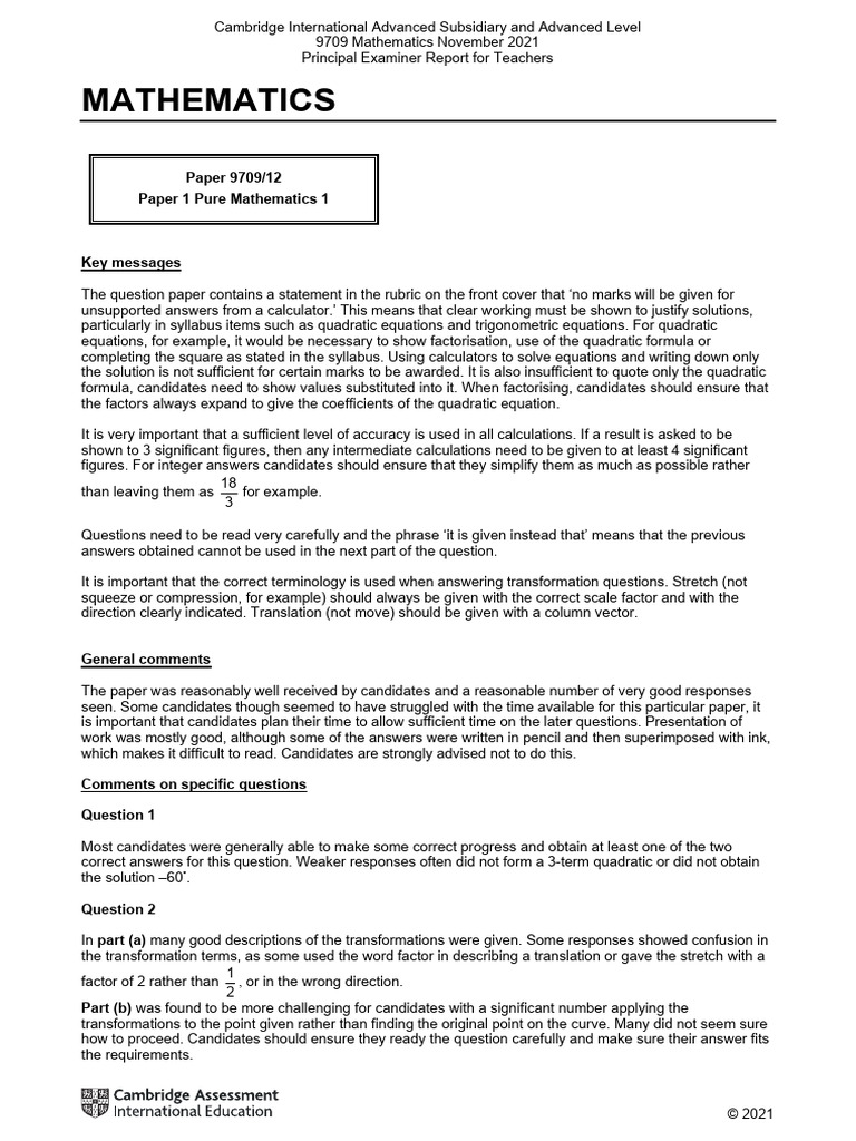 Examiners Report 12 | Download Free PDF | Quadratic Equation | Equations
