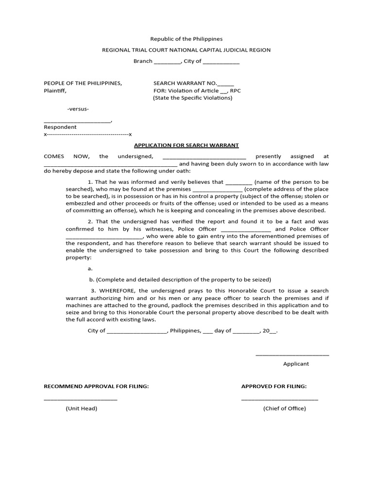 Application For Search Warrant | PDF | Search Warrant | Judiciaries