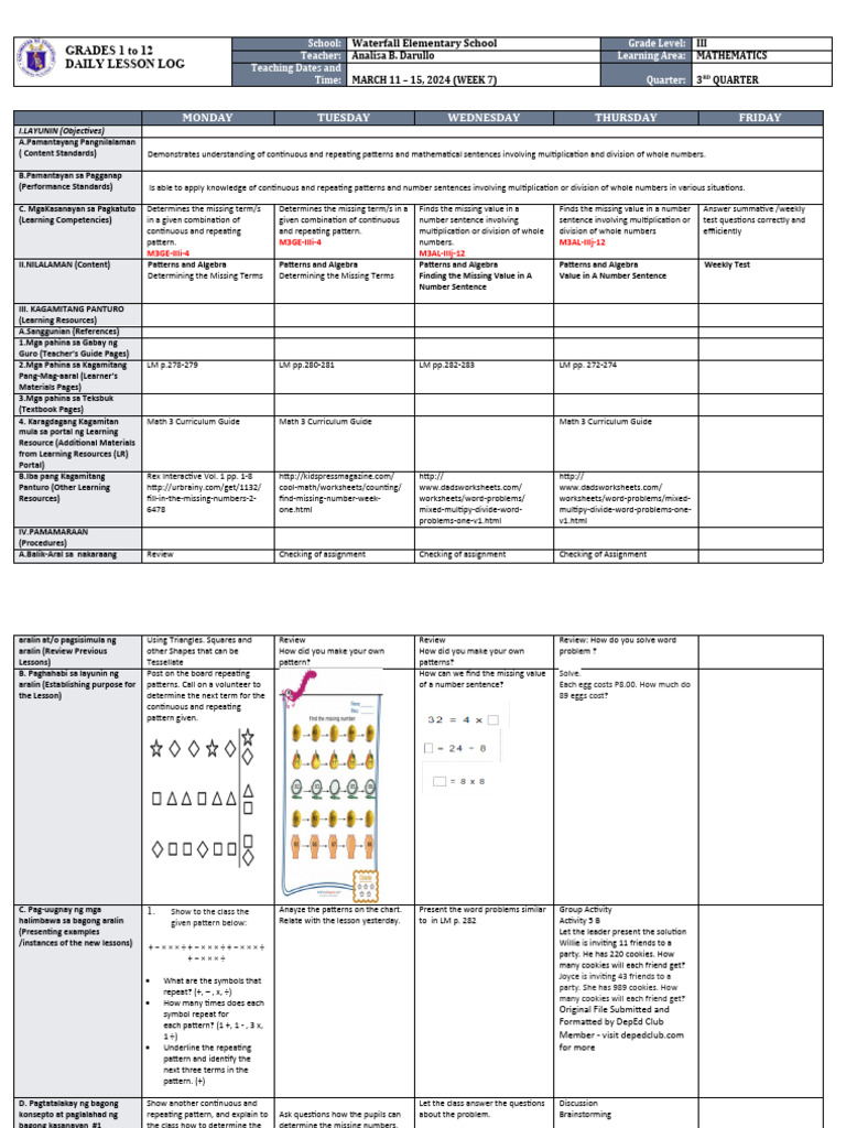 DLL - Mathematics 3 - Q3 - W7 | PDF | Differentiated Instruction | Teachers