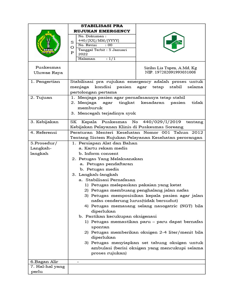 Sop Stabilisasi Pra Rujukan Uluwae | PDF