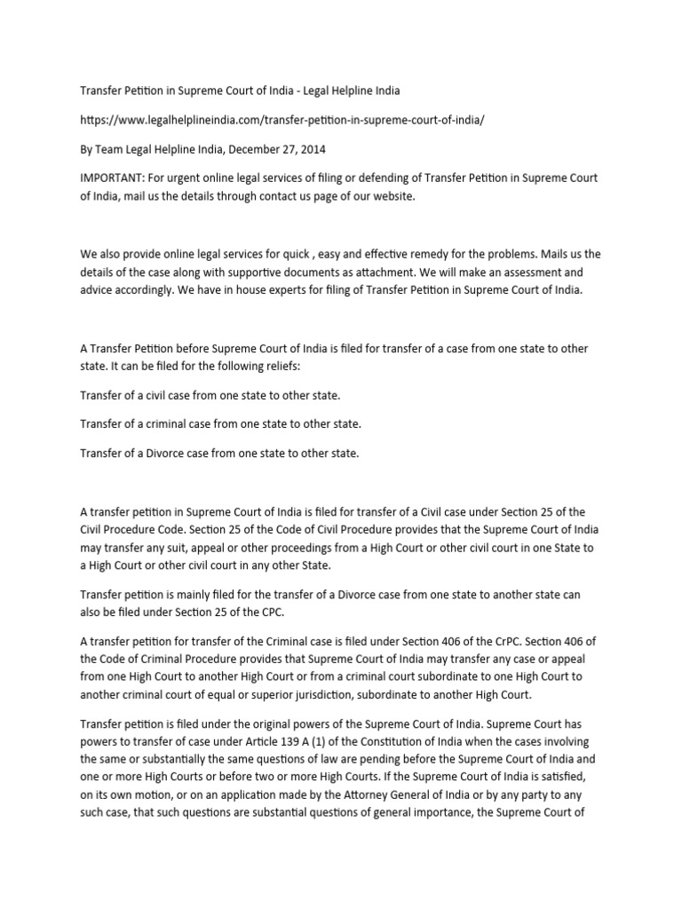 Transfer Petition Sec 25 CPC | PDF | Supreme Court Of India | Lawsuit