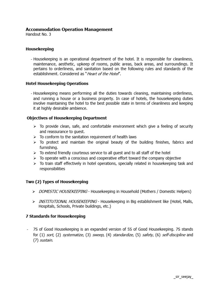 Accommodation Operation Management for Handout | PDF | Housekeeping | Cleaning