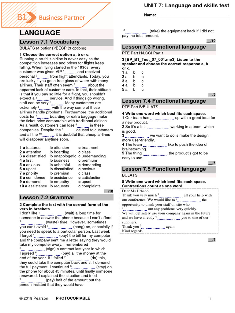 BP B1 Tests Unit7 | PDF