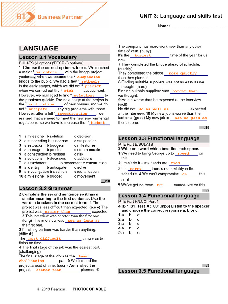 BP B1 Tests Unit3 | PDF | Human Communication | Cognition