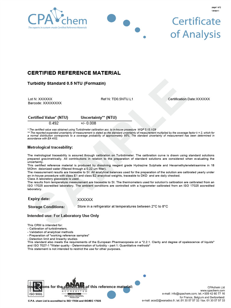Contoh COA Turbidity | PDF | Metrology | Probability And Statistics