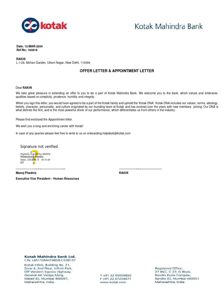 Rakhi Kotak Mahindra Bank | PDF | Insurance | Salary