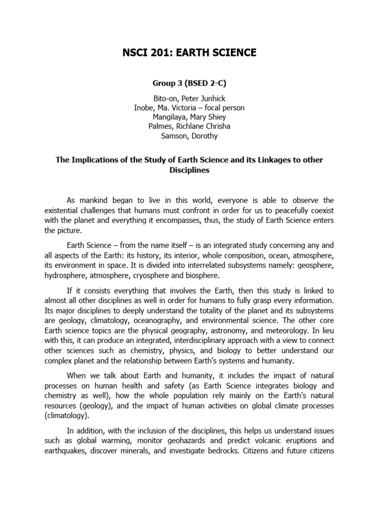 Nsci 201 - Implications of Es and Linkages - Group 3 (Bsed 2-C) | PDF ...