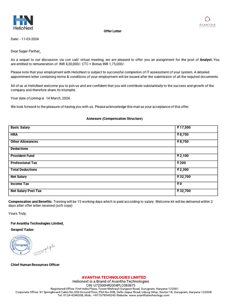 Offer Letter Sagar | PDF | Salary | Public Finance