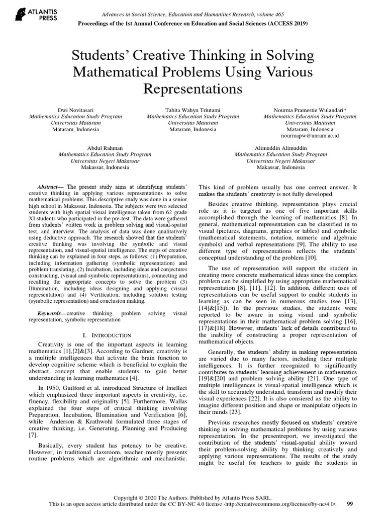 Students' Creative Thinking in Solving Mathematical Problems Using Various Representations | PDF ...