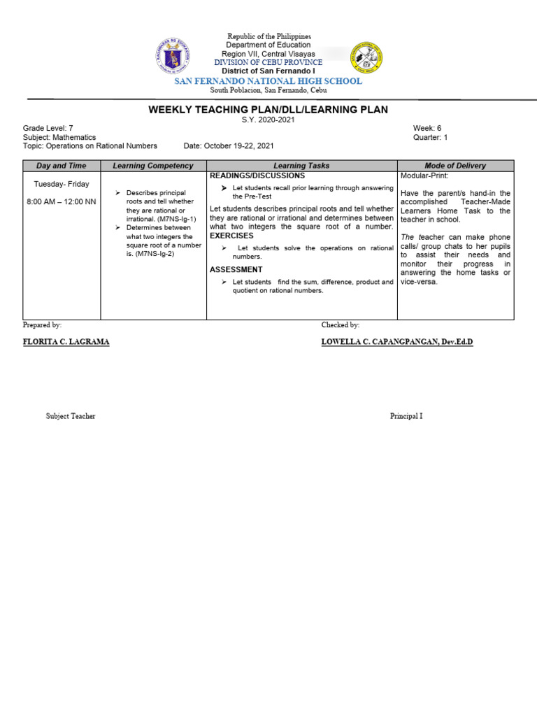 Q1-WEEK 6 - Weekly-Teaching-Plan | PDF | Rational Number | Cognition
