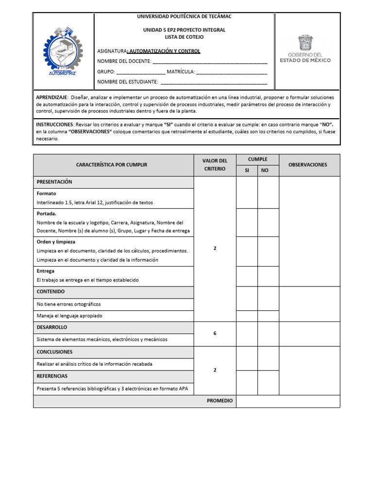 U5 Ep2 Lista de Cotejo Proyecto Integral | PDF | Aprendizaje | Informática