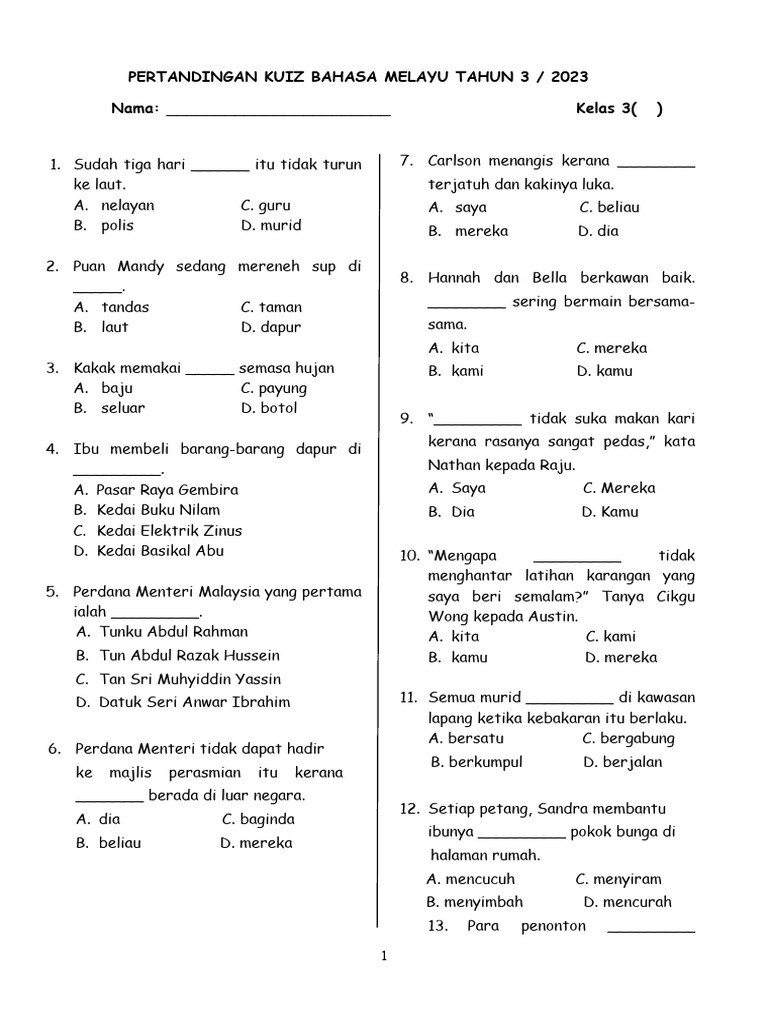 Soalan - Kuiz - Tahun - 3 - Latest 1 | PDF