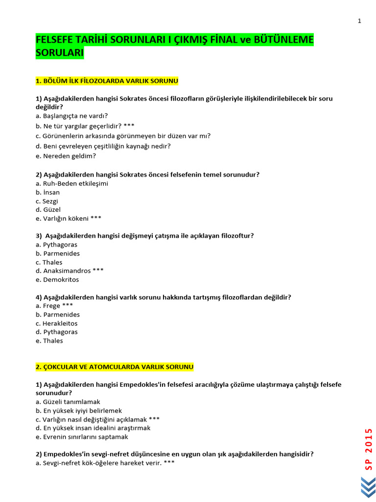 FELSEFE TARIHI SORUNLARI CIKMIS FINAL Ve | PDF