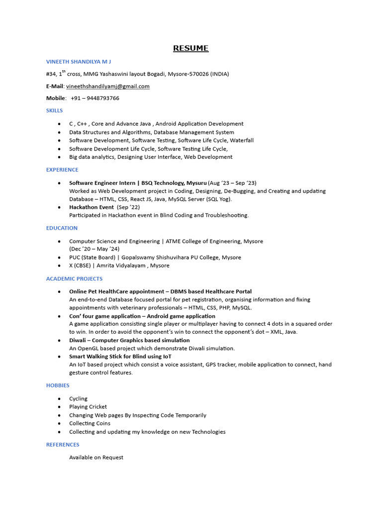 VineethShandilya Resume | PDF | Computers