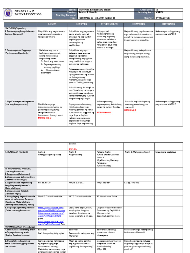 DLL - Mapeh 3 - Q3 - W4 | PDF