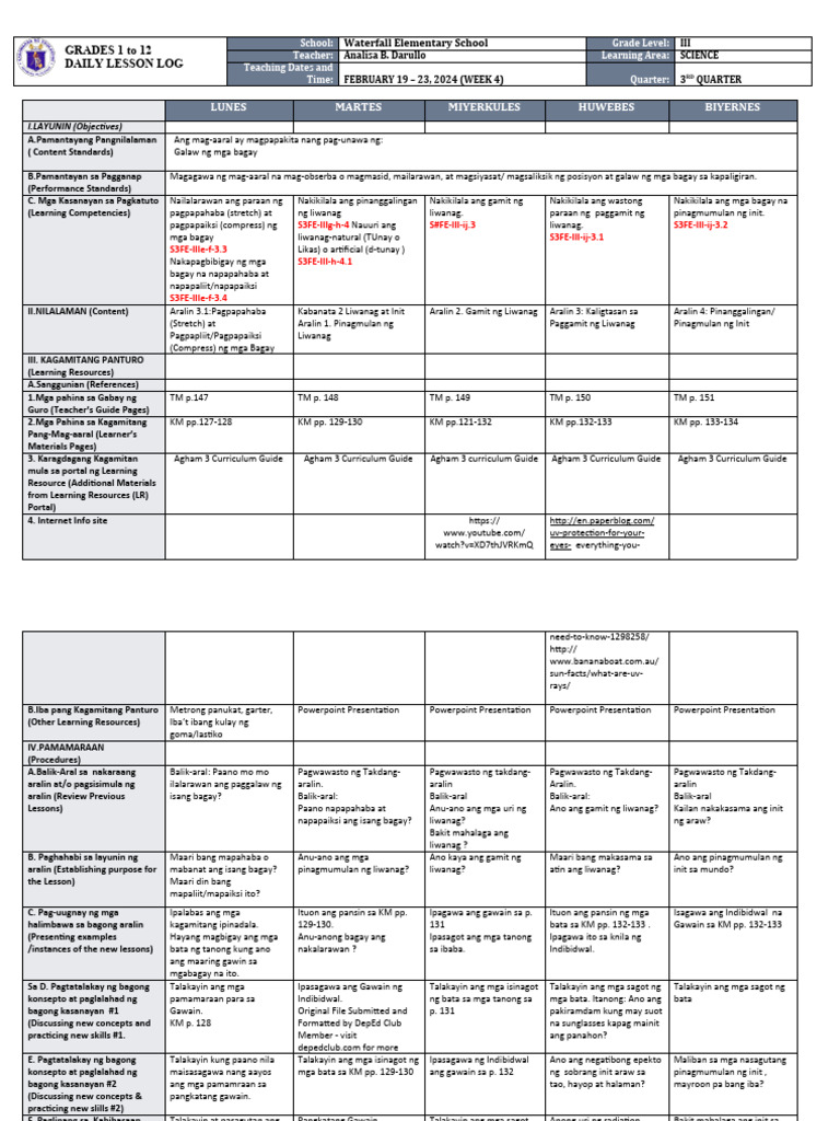 DLL - Science 3 - Q3 - W4 | PDF