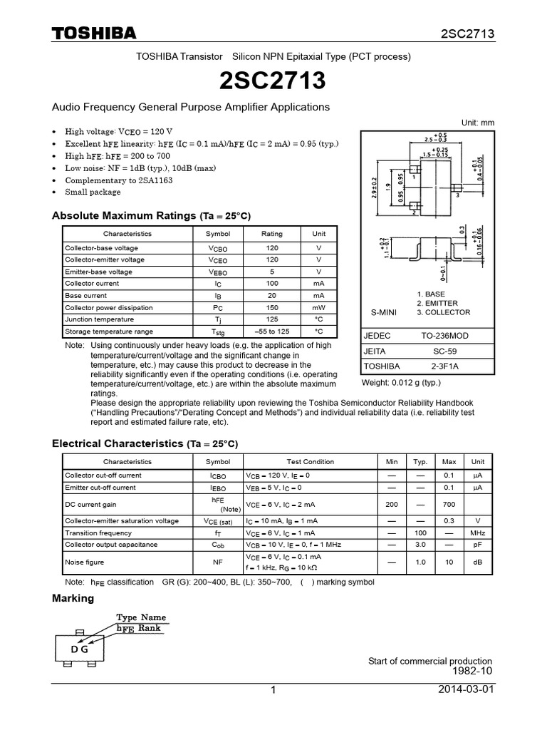 Toshiba 2SC2713 NPN Transistor Specs | PDF | Bipolar Junction Transistor | Reliability Engineering