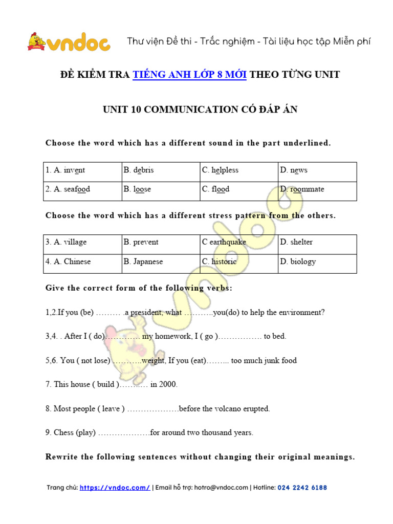 De Kiem Tra Tieng Anh Lop 8 Unit 10 Communication | PDF