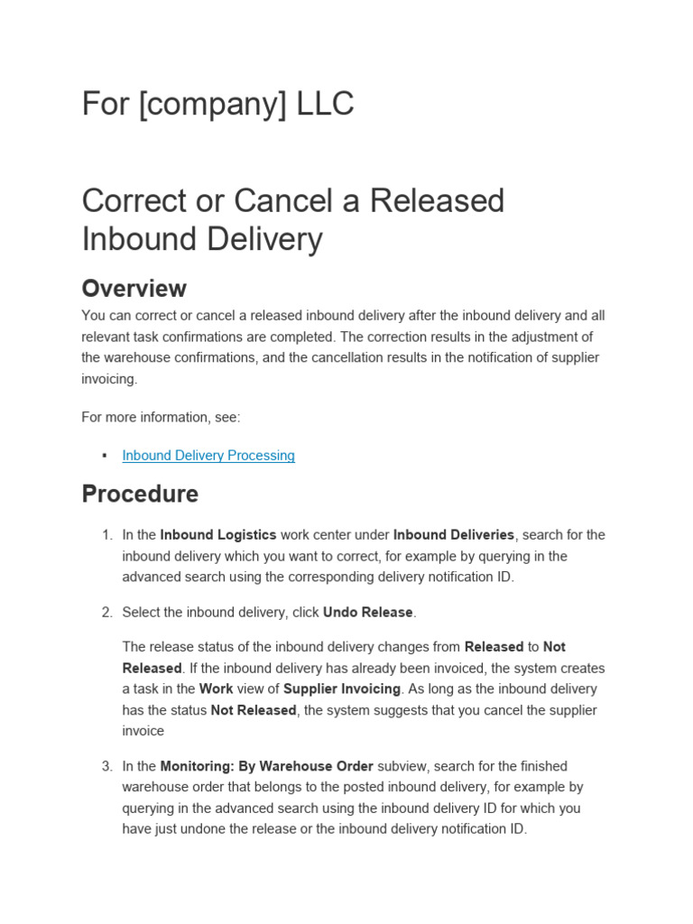 Correcting or Cancelling Inbound Deliveries | PDF | Computing ...