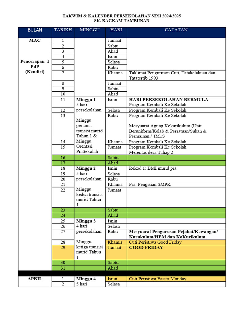 Draf 3 Kalender & Takwim Persekolahan 2024-2025 | PDF