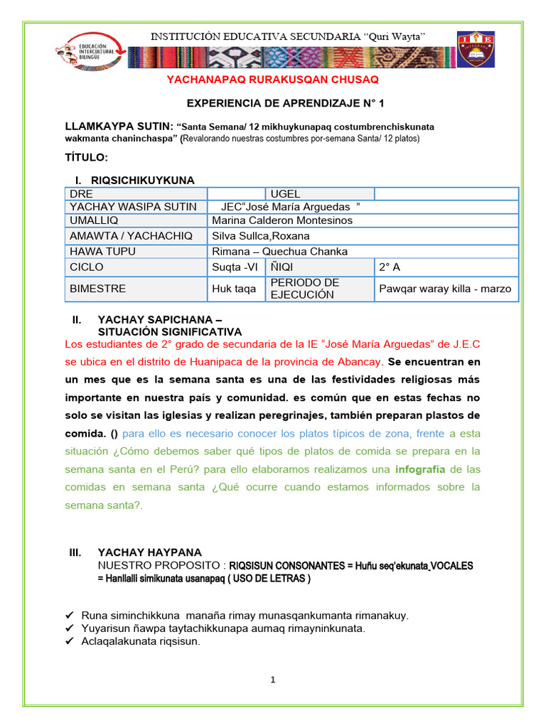 Experiencia de Aprendizaje N°1 | PDF | Evaluación | Aprendizaje