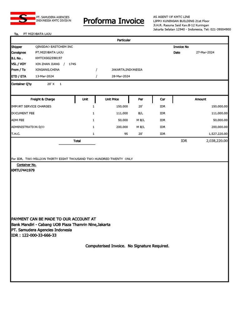 KMTC Invoice for PT. Mizobata Laju | PDF