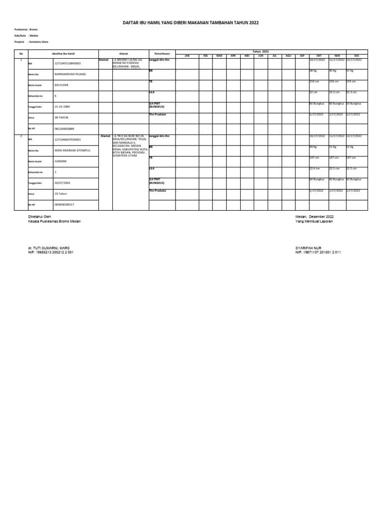 Format Laporan Pemantauan PMT Bumil Kek Tahun 2022 | PDF