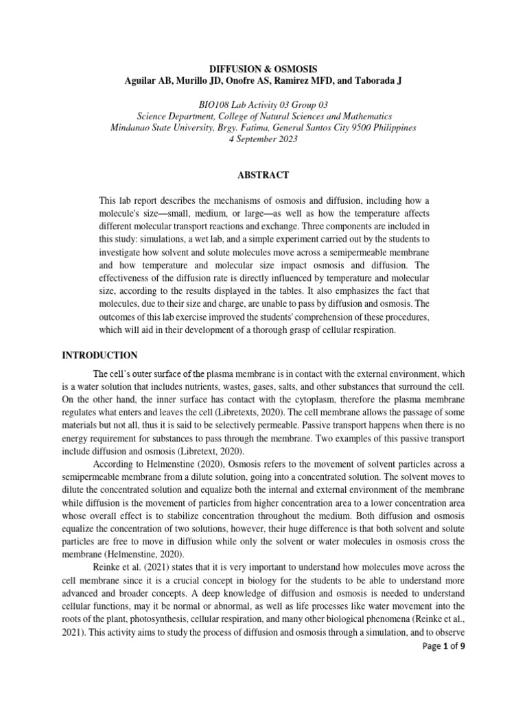 Diffusion & Osmosis Lab Report | PDF | Osmosis | Diffusion