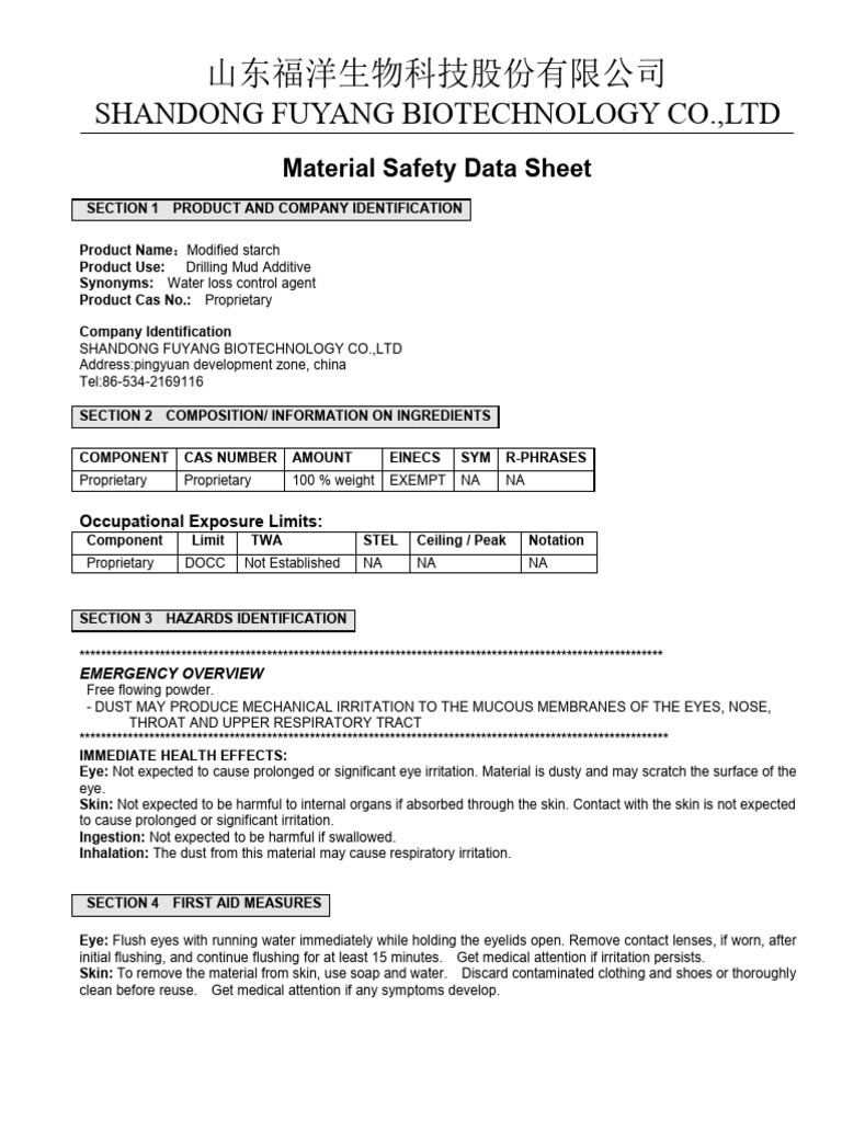 Modified Starch MSDS | PDF | Dangerous Goods | Personal Protective ...