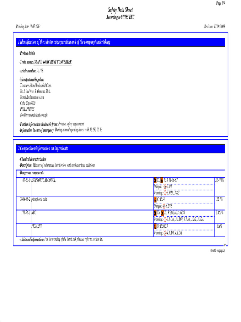 Island Rust Converter MSDS | PDF | Dangerous Goods | Water