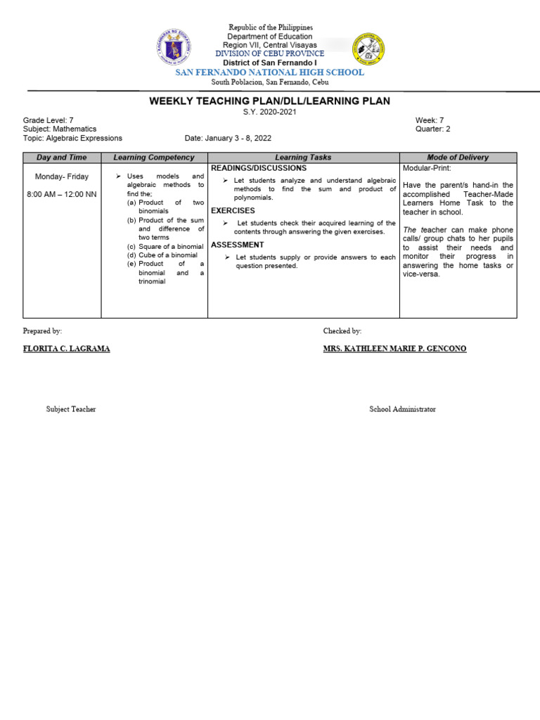 Q2-WEEK 7 - Weekly-Teaching-Plan | PDF | Cognition | Behavior Modification