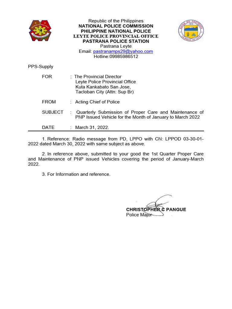 AAR Quarterly Submission of Proper Care and Maintenance of PNP Issued ...