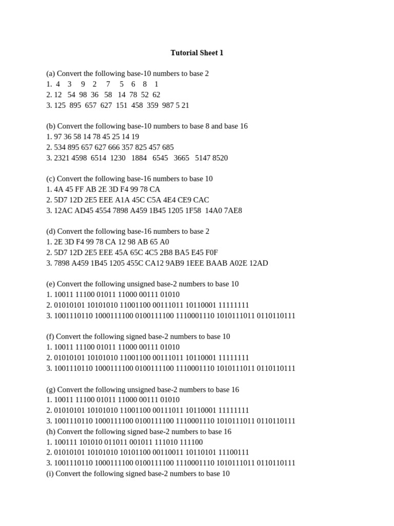 Tutorial Sheet Digital Pdf Binary Coded Decimal Mathematics 9682