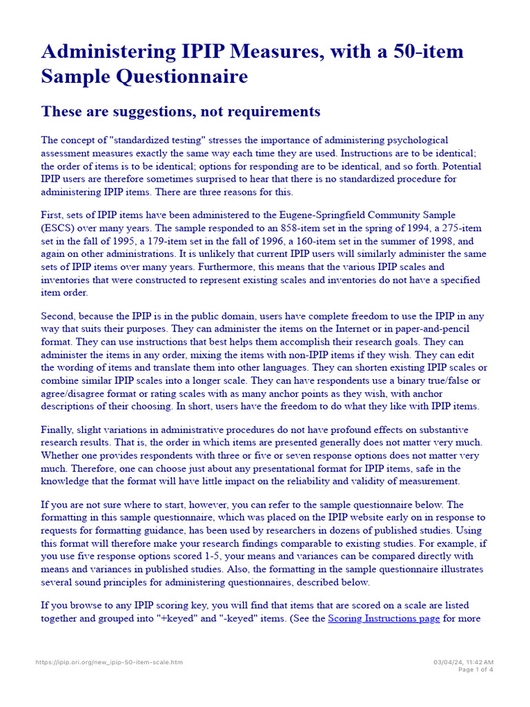 Administering IPIP Measures, With A 50-Item Sample Questionnaire | PDF | Psychology ...