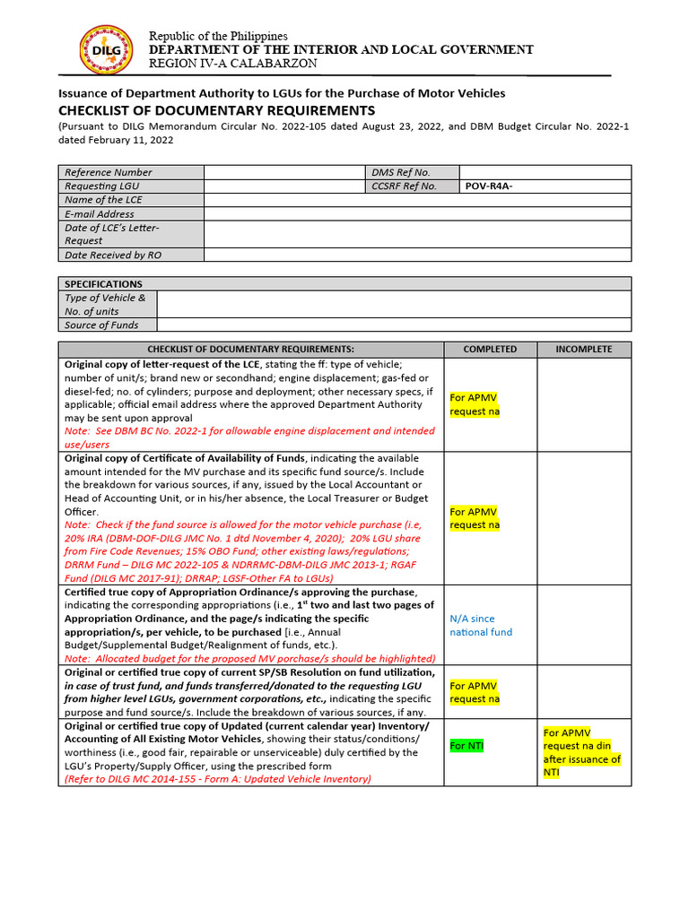 2022 Checklist POV For IF | PDF | Loans | Vehicles