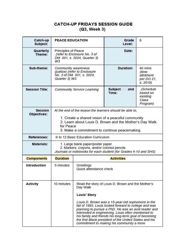 Catch-Up Fridays Session Guide (Q3, Week 3) : Catch-Up Subject: Peace ...