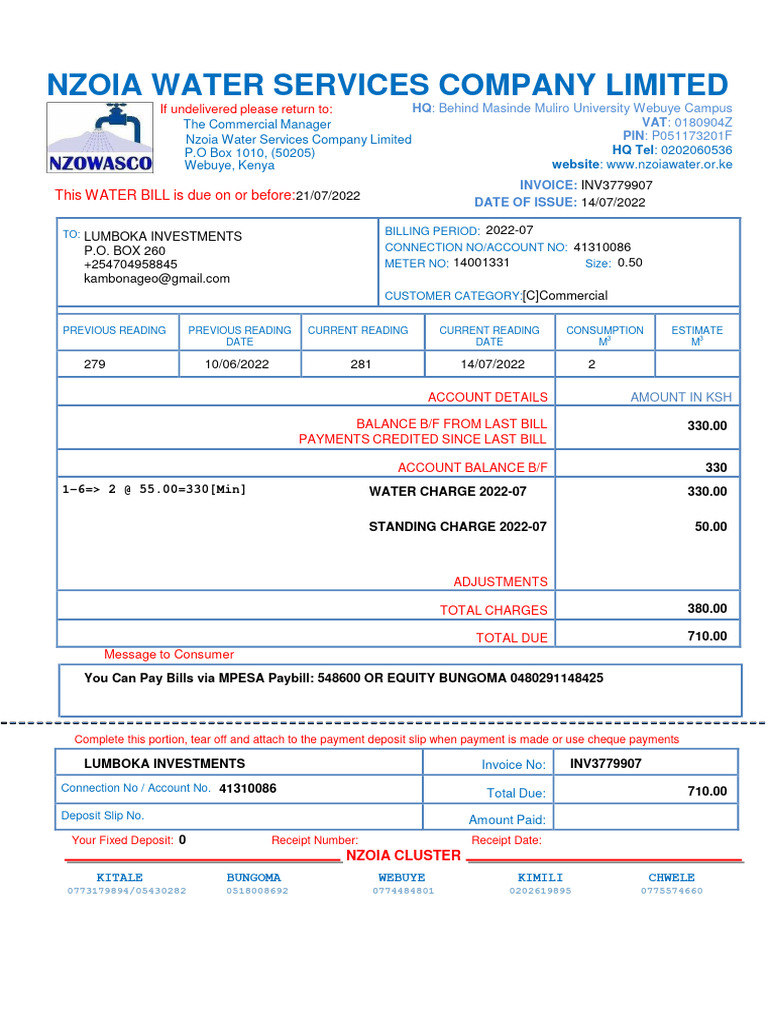 Nzoia Water Services Company Limited: This WATER BILL Is Due On or ...