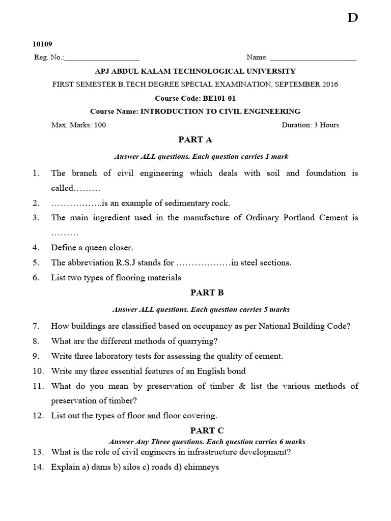 B.Tech Civil Engineering Exam Questions | PDF | Cement | Engineering