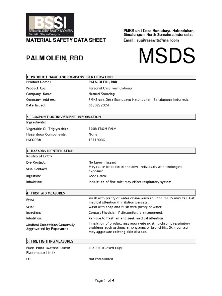 MSDS RBD Palm Olein cp10 | PDF | Water | Waste Management