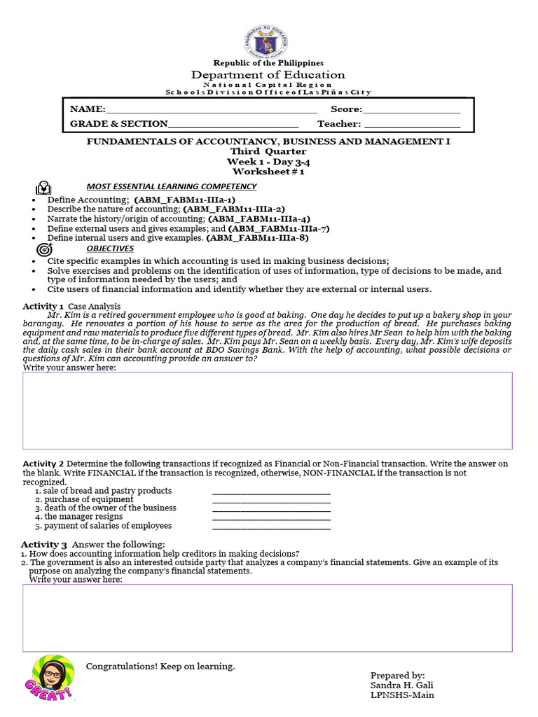 Fabm1 3rd Quarter Worksheet | PDF | Debits And Credits | Equity (Finance)
