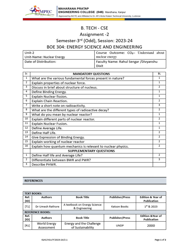 Assignment No. 2 (BOE-304) | PDF | Nuclear Reactor | Nuclear Physics