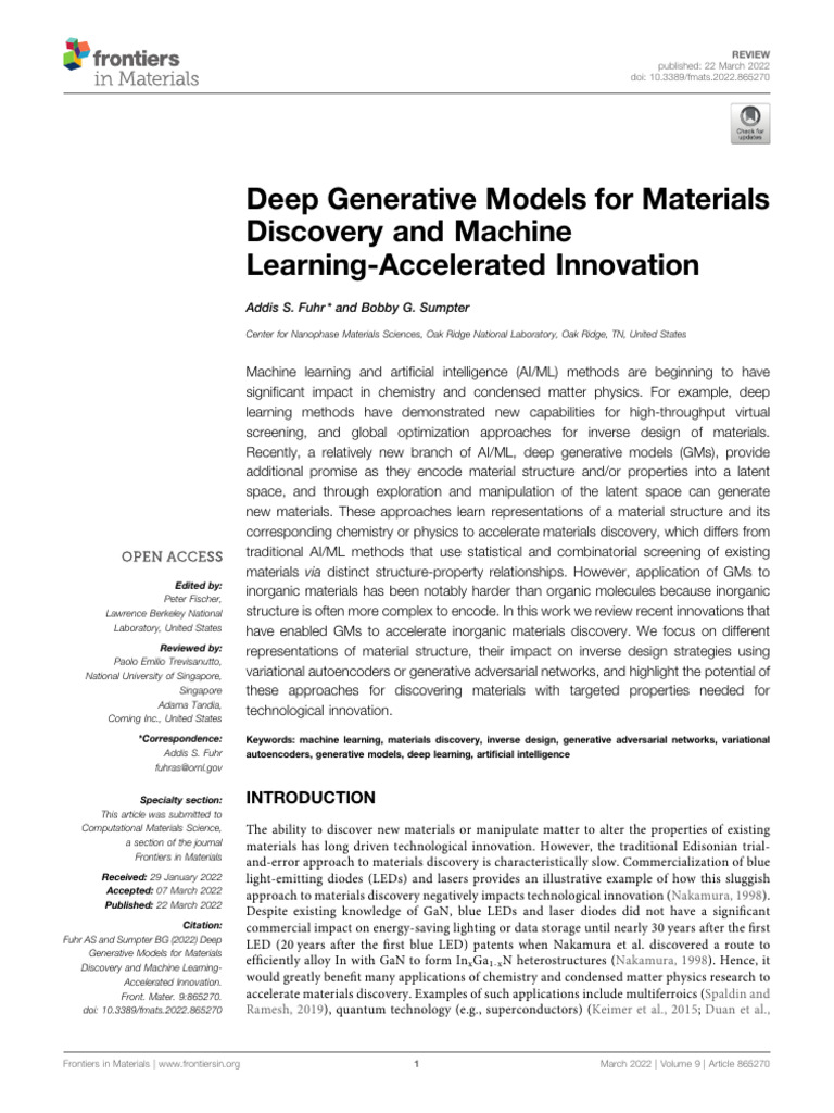 Deep Generative Models For Materials Discovery and Machine Learning-Accelerated Innovation | PDF ...