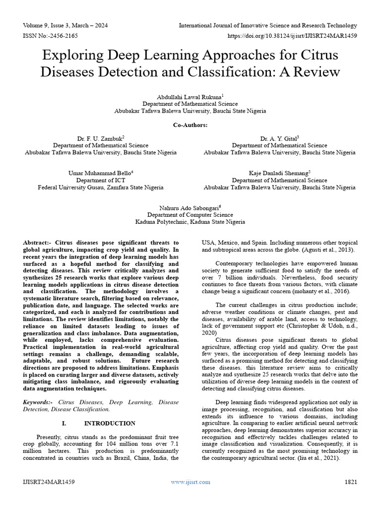 Exploring Deep Learning Approaches For Citrus Diseases Detection And Classification A Review