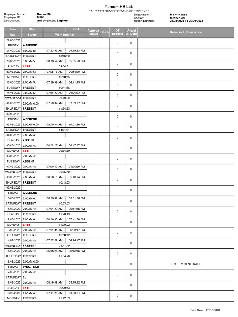 Employee Self Attendance Report | PDF