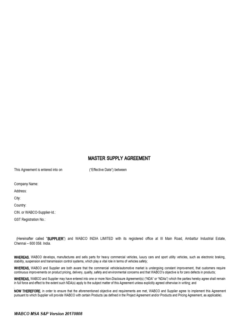 Master Supply Agreement | PDF | Non Disclosure Agreement | Business